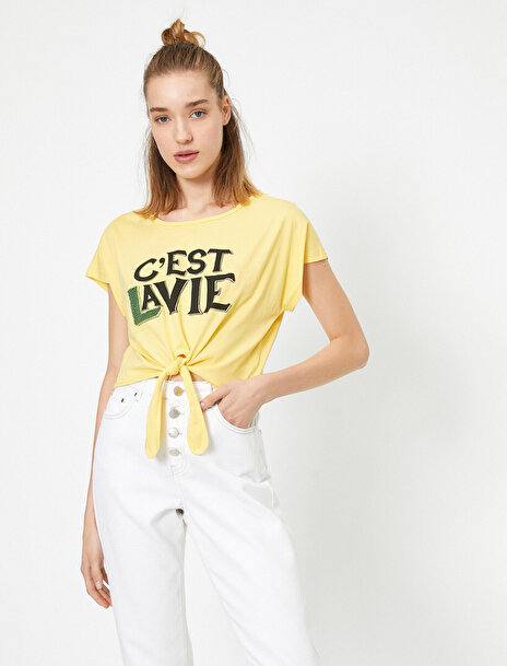 Koton Kadın Bisiklet Yaka Kısa Kollu Beli Bağlamalı %100 Pamuklu Tişört