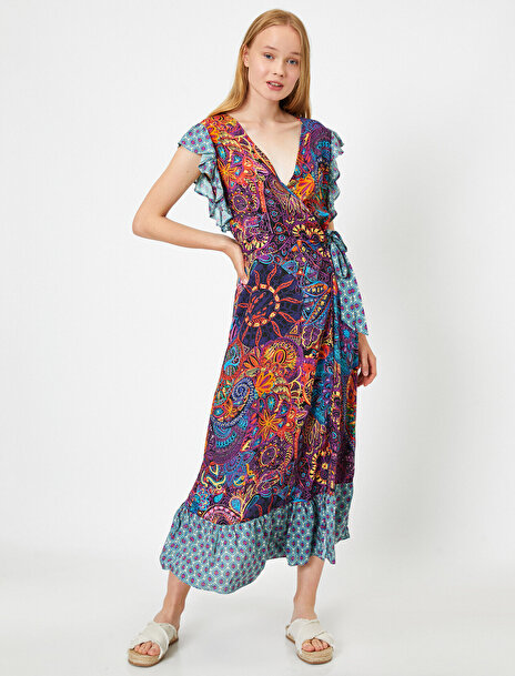 Koton Kadın Desenli Renkli  Kısa Kollu Kruvaze Elbise