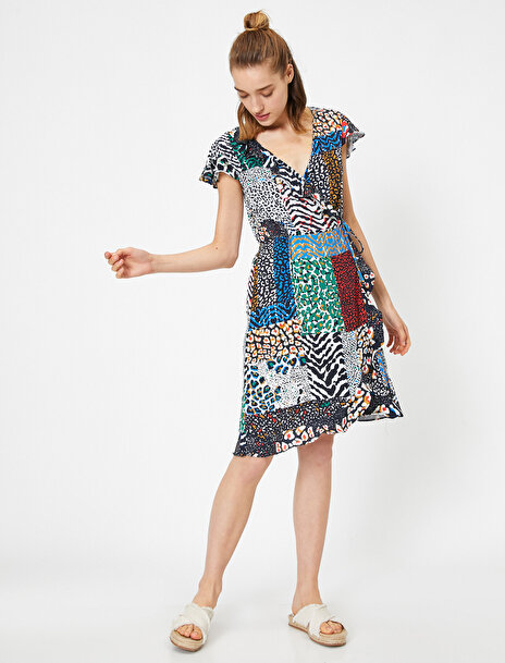 Koton Kadın V Yaka Kısa Kollu Beli Bağlamalı Midi Desenli Elbise