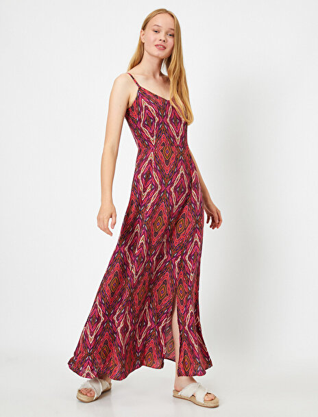 Koton Kadın İnce Askılı Desenli Yırtmaçlı Uzun Elbise