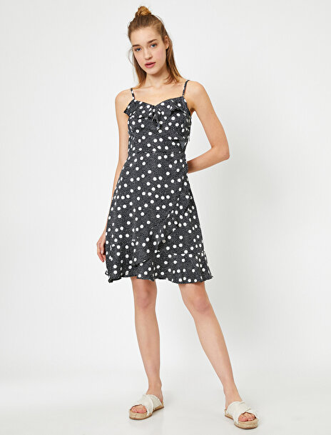 Koton Kadın Puantiyeli Kolsuz Askılı Fırfır Detaylı Midi Elbise