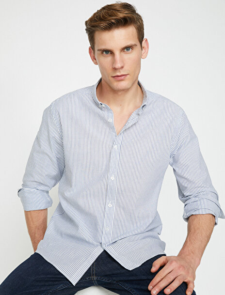 Koton Erkek Yarım İtalyan Yaka Düğmeli Çizgili Uzun Kollu Gömlek