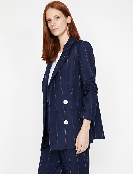 Koton Kadın Çizgili Kruvaze Blazer Ceket