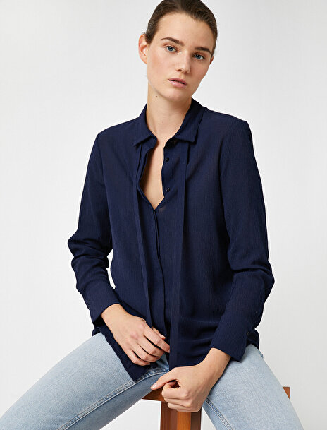 Koton Kadın Uzun Kollu Gömlek Yaka Bağlama Detaylı Gömlek