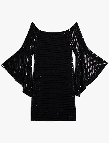 Koton Kadın Mini Elbise Abiye Düşük Omuzlu Yarasa Kol Pullu Koton Kadın Mini Elbise Abiye Düşük Omuzlu Yarasa Kol Pullu