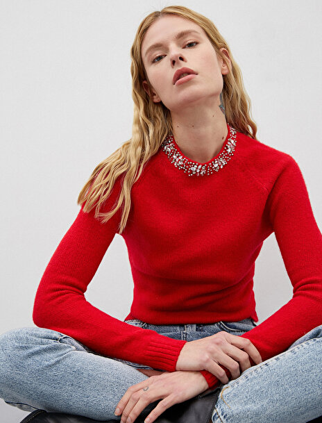 Koton Kadın Taş İşlemeli Kazak Bisiklet Yaka Koton Kadın Taş İşlemeli Kazak Bisiklet Yaka