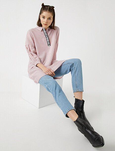 Koton Kadın Gömlek Yaka Uzun Kollu Çizgili Slogan Detaylı Tunik