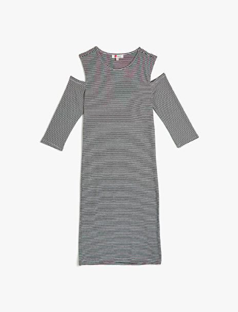 Koton Kadın Bisiklet Yaka 3/4 Kol Çizgili Omuz Detaylı Midi Elbise