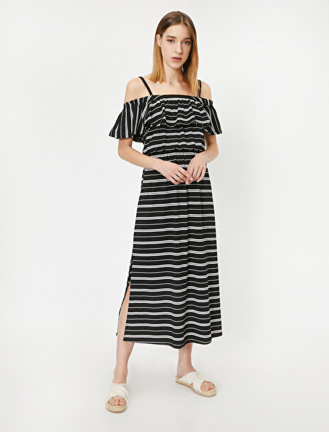 Koton Kadın Askılı Kısa Kollu Çizgili Fırfır Detaylı Midi Elbise