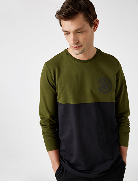 Koton Erkek Pamuklu Baskılı Renk Bloklu Uzun Kollu Bisiklet Yaka Tişört