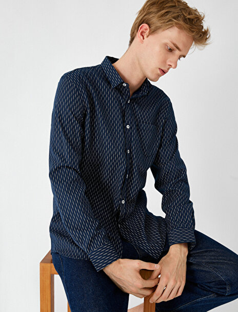 Koton Erkek Desenli Klasik Yaka Uzun Kollu Cepli Gömlek