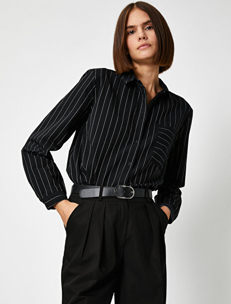 Koton Kadın Klasik Yaka Tek Cepli Çizgili Uzun Kollu Gömlek