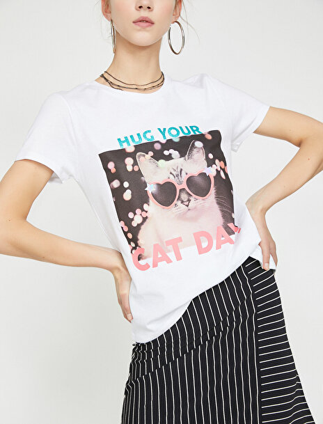 Koton Kadın Yazı Baskılı Bisiklet Yaka Tişört