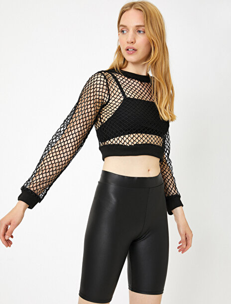 Koton Kadın Uzun Kollu Bisiklet Yaka File Tişört