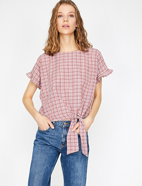 Koton Kadın Ekoseli Kolları Fırfırlı Belden Bağlamalı Bluz