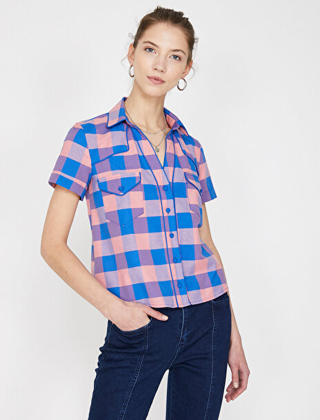 Koton Kadın Ekoseli Cep Detaylı Kısa Kollu Gömlek