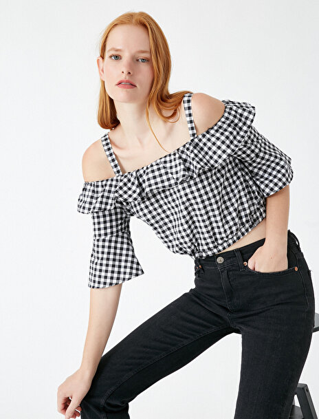 Koton Kadın Pötükareli Fırfırlı Volanlu Kısa Bluz