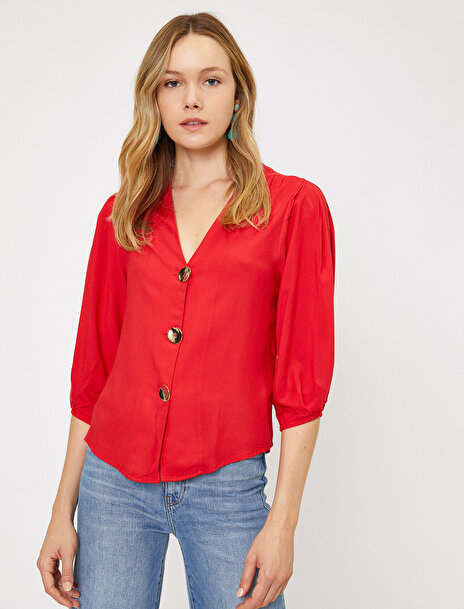 Koton Kadın V Yaka Pilili 3/4 Kol Gömlek