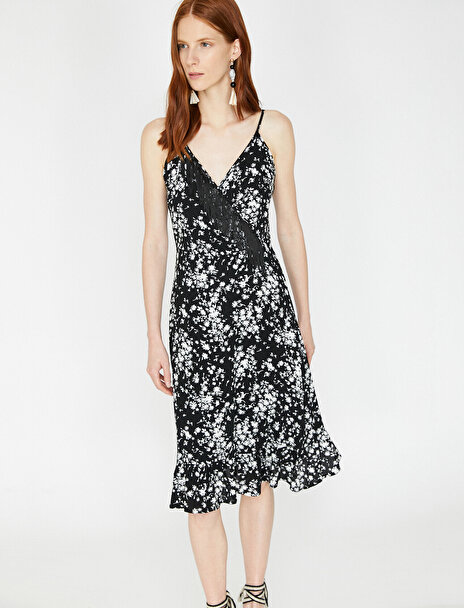 Koton Kadın Püsküllü Çiçek Desenli Dizaltı Volanlı Elbise