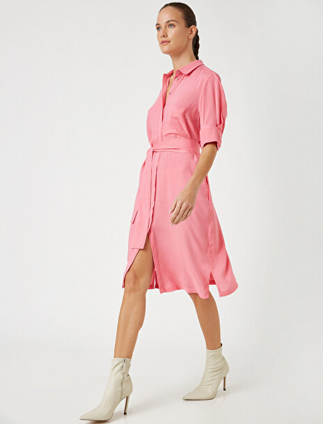 Koton Kadın Gömlek Yaka Kemerli Yırtmaçlı Elbise