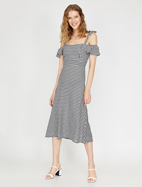 Koton Kadın İp Askılı Dizaltı Ekose Elbise