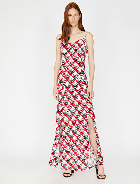 Koton Kadın Ekoseli Yırtmaçlı Uzun Elbise