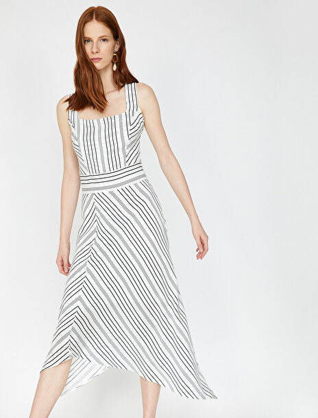 Koton Kadın Eteği Asimetrik Kare Yaka Çizgili Elbise Koton Kadın Eteği Asimetrik Kare Yaka Çizgili Elbise