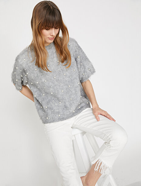 Koton Kadın İnci İşlemeli Sardonlu Triko Kazak