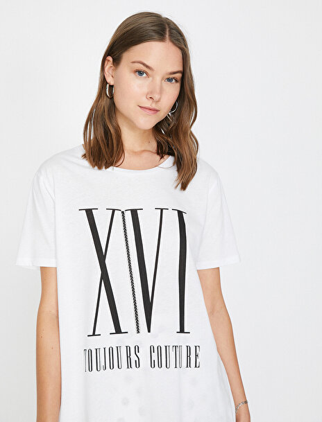 Koton Kadın Yazı Baskılı Standart Kalıp Bisiklet Yaka Kısa Kollu Tişört