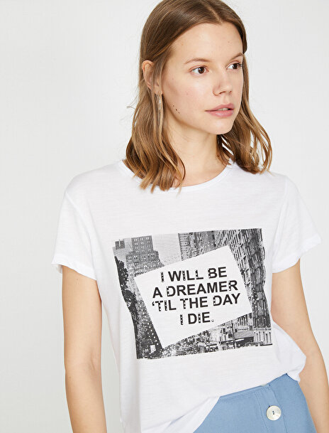 Koton Kadın Slogan Baskılı Standart Kalıp Bisiklet Yaka Tişört