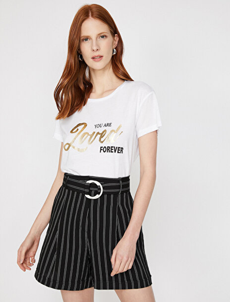 Koton Kadın Varak Baskılı Bisiklet Yaka Tişört