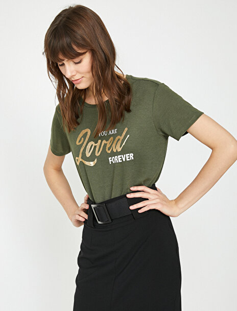 Koton Kadın Varak Baskılı Bisiklet Yaka Tişört