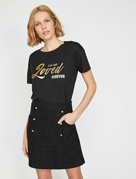 Koton Kadın Varak Baskılı Bisiklet Yaka Tişört