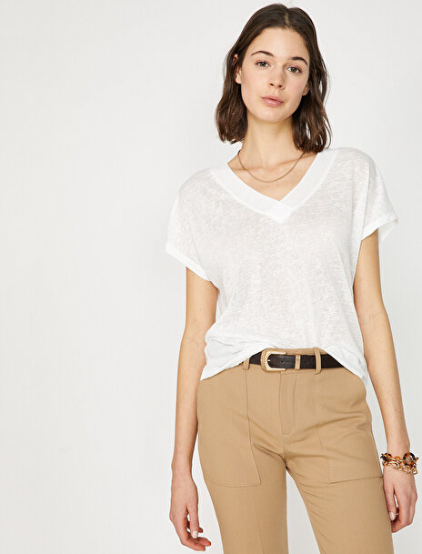 Koton Kadın Keten Görünümlü V Yaka Tişört