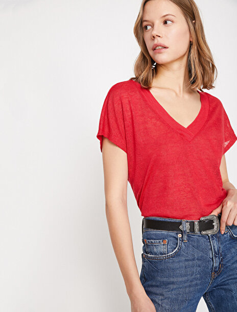Koton Kadın Keten Görünümlü V Yaka Tişört