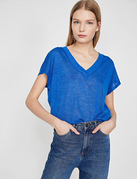 Koton Kadın Keten Görünümlü V Yaka Tişört