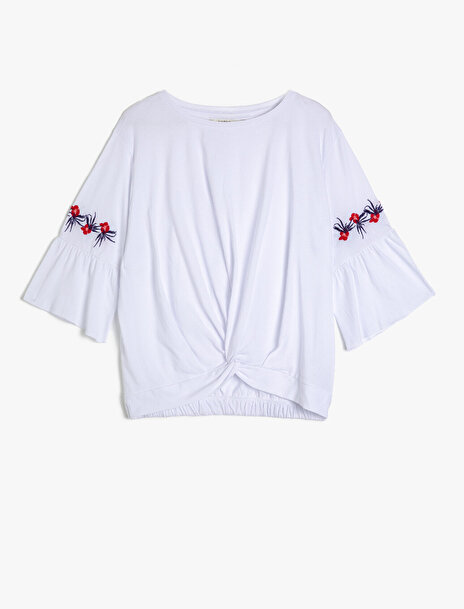 Koton Kadın Bisiklet Yaka Büzgülü Desenli Kısa Kollu Pamuklu Tişört