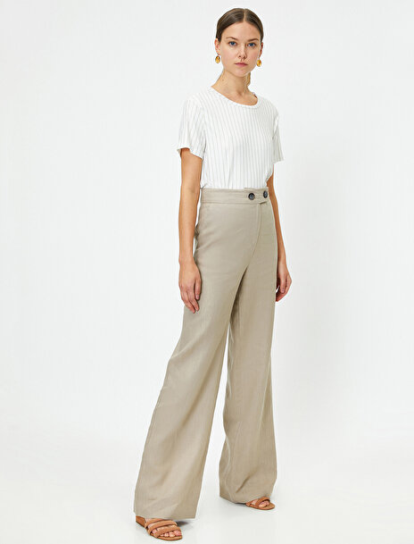 Koton Kadın Kontrast Belli Düğme Detaylı Geniş Paça Pantolon