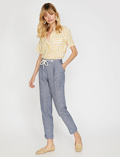 Koton Kadın Beli Bağlamalı Doğal Dokulu Havuç Pantolon