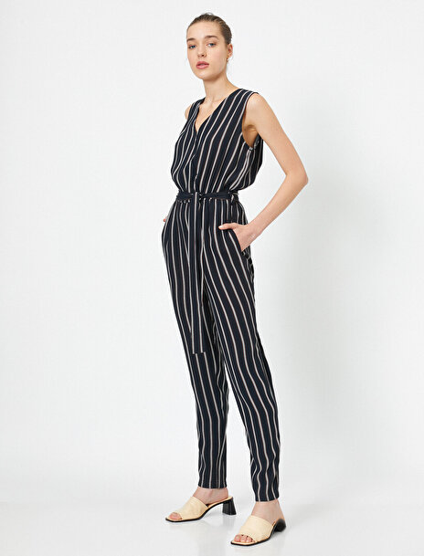 Koton Kadın V Yaka Kolsuz Beli Bağlamalı Çizgili Tulum