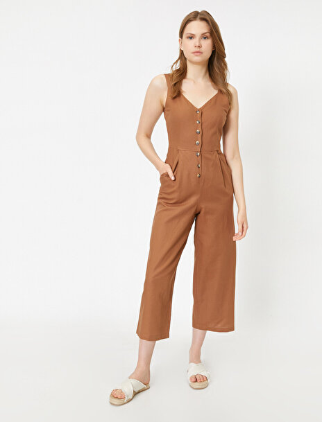 Koton Kadın V Yaka Kolsuz Cep Detaylı Düğmeli Tulum