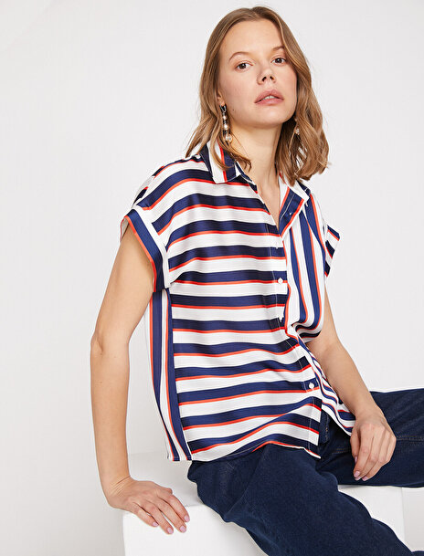 Koton Kadın Klasik Yaka Kısa Kollu Çizgili Gömlek