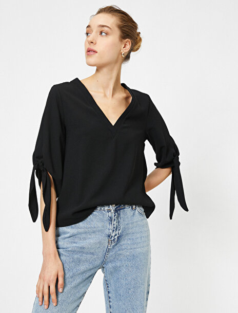 Koton Kadın V Yaka Uzun Kollu Kolu Bağlama Detaylı Bluz