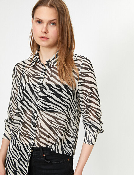 Koton Kadın Klasik Yaka Uzun Kollu Zebra Desenli Gömlek