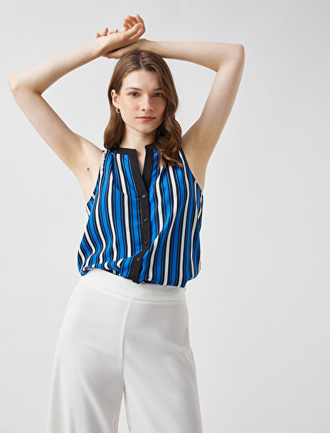 Koton Kadın Çizgili Bluz Bağlama Detaylı Kolsuz