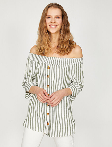 Koton Kadın Kısa Kollu Düşük Omuzlu Çizgili Bluz