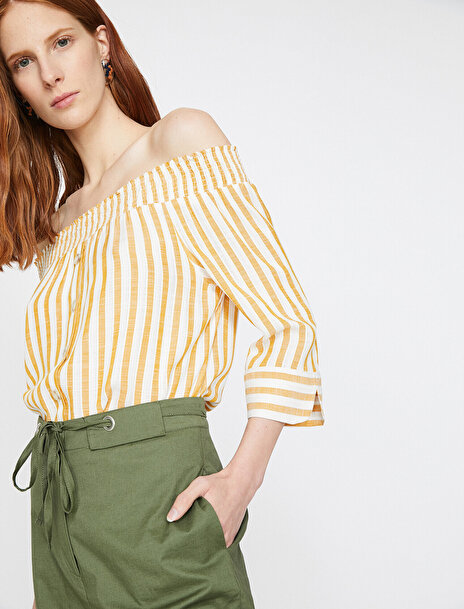 Koton Kadın Kısa Kollu Düşük Omuzlu Çizgili Bluz