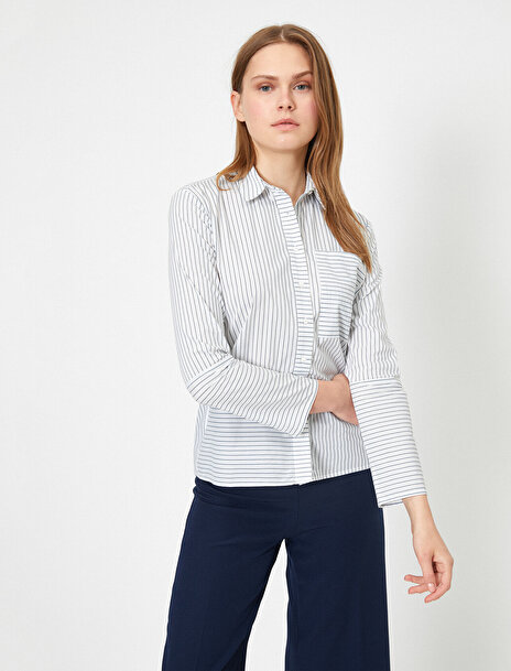 Koton Kadın Klasik Yaka Uzun Kollu Çizgili Tek Cepli Gömlek