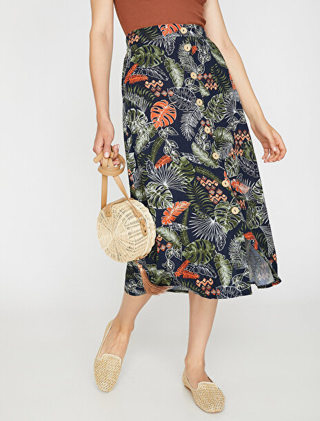 Koton Kadın Desenli  Düğme Detaylı Midi Çan Etek