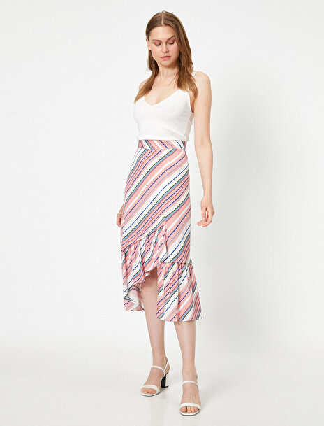 Koton Kadın Çizgili Fırfır Detaylı Midi Etek